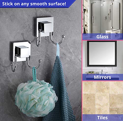 HOME SO Suction Cup Hooks for Shower, Bathroom, Kitchen, Glass Door, Mirror, Tile β Loofah, Towel, Bath Robe Removable Hook Holder β Prisma Collection, Stainless Steel Chrome (2-Pack)β¦