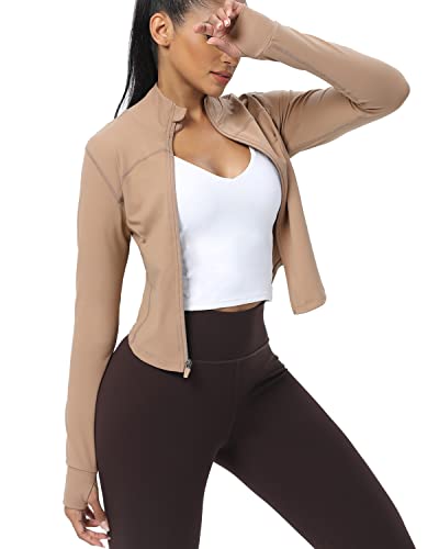AVGO Women's Cropped Running Workout Jackets Zip Slim Fit Athletic Tops with Thumb Holes(Cream Coffee, S)