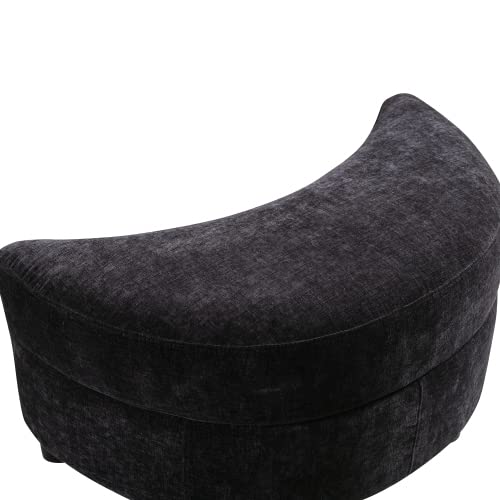 32.7" W Half Crescent Moon Storage Bench, Chenille Upholstered Large Ottoman with Tray & Padded Seat, Serve As Side Table Dressing Shoe Bench Foot Rest for Living Room, Entryway, Hallway, Black