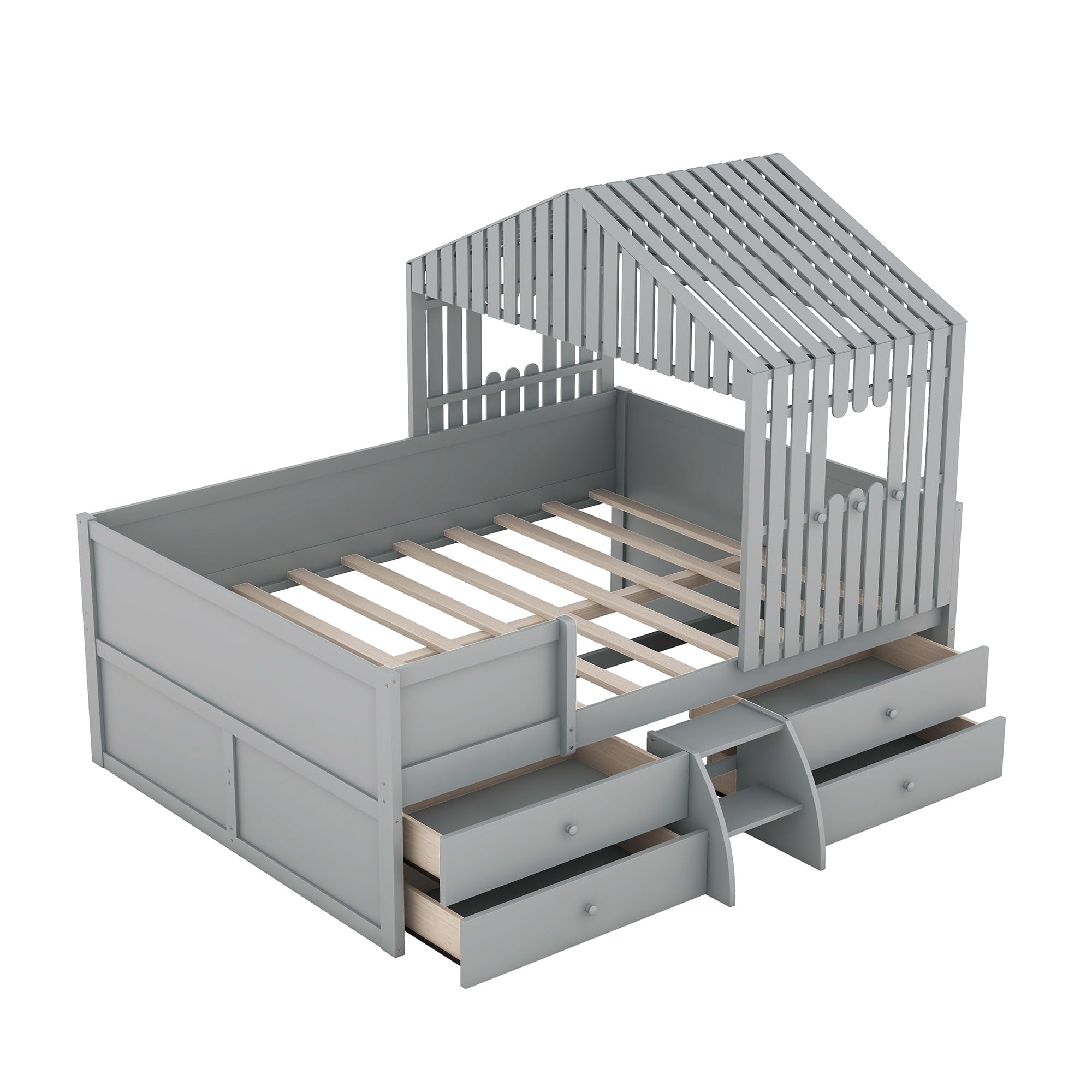 Harper & Bright Designs Full Size House Bed for Kids, Full Size Platform Bed with Storage Drawers and Roof, Hardwood Low Loft Bed Frame for Girls Boys (Gray)