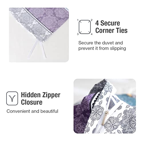 Lekesky Boho Duvet Cover Queen Size, Bohemian Purple Blue Retro Floral Print Comforter Cover Set, 3pcs Luxury Soft Microfiber Bedding Set with Zipper Ties