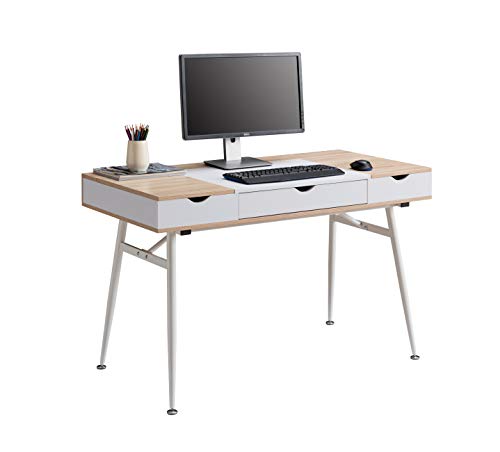 JJS Home Computer Desk, Writing Desk with Drawers, Contemporary Design Split Top Storage Modern Desk, Sturdy and Easy Assembly Spacious Desktop Mid Century Desk,White Desks for Bedroom Dresser Table