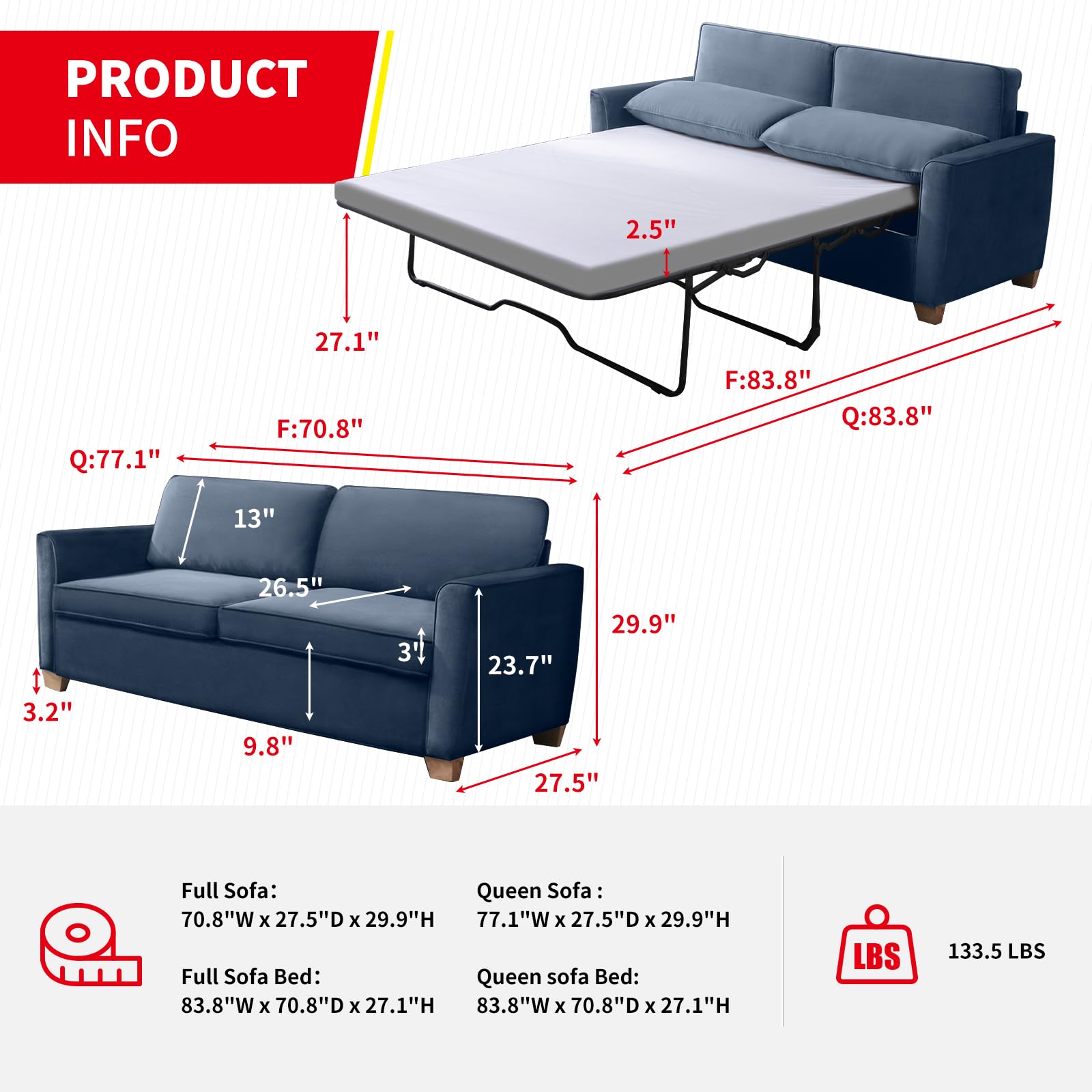 PUREMIND 70" Folding Sofa Bed with Comfortable Mattress, Convertible Sleeper Sofa Pull Out Couch for Living Room, Velvet Upholstery, Easy Assembly, Ideal for Small Spaces, Full Size, Blue