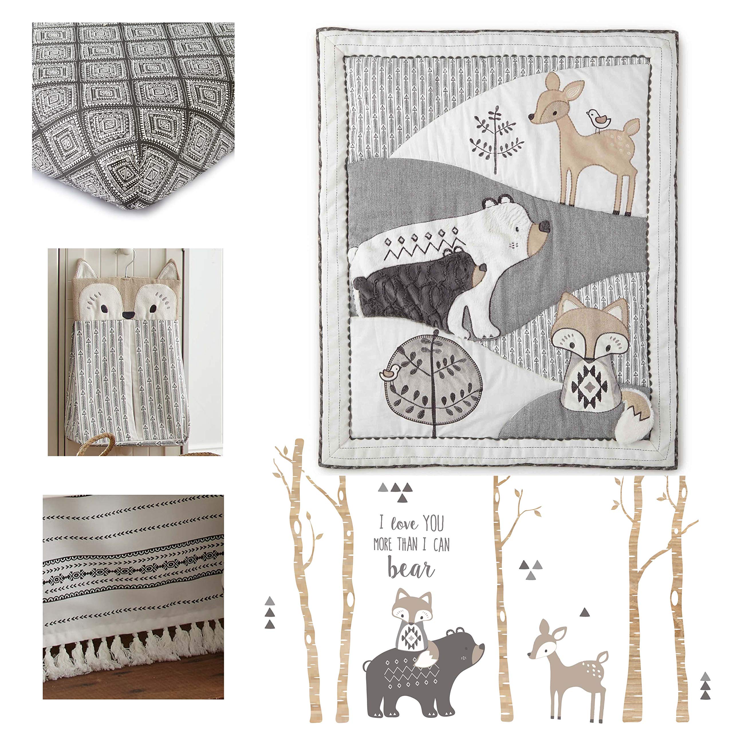 Levtex Baby - Bailey Crib Bed Set - Baby Nursery Set - Charcoal, Taupe, White - Neutral Forest Theme - 5 Piece Set Includes Quilt, Fitted Sheet, Diaper Stacker, Wall Decal & Skirt/Dust Ruffle
