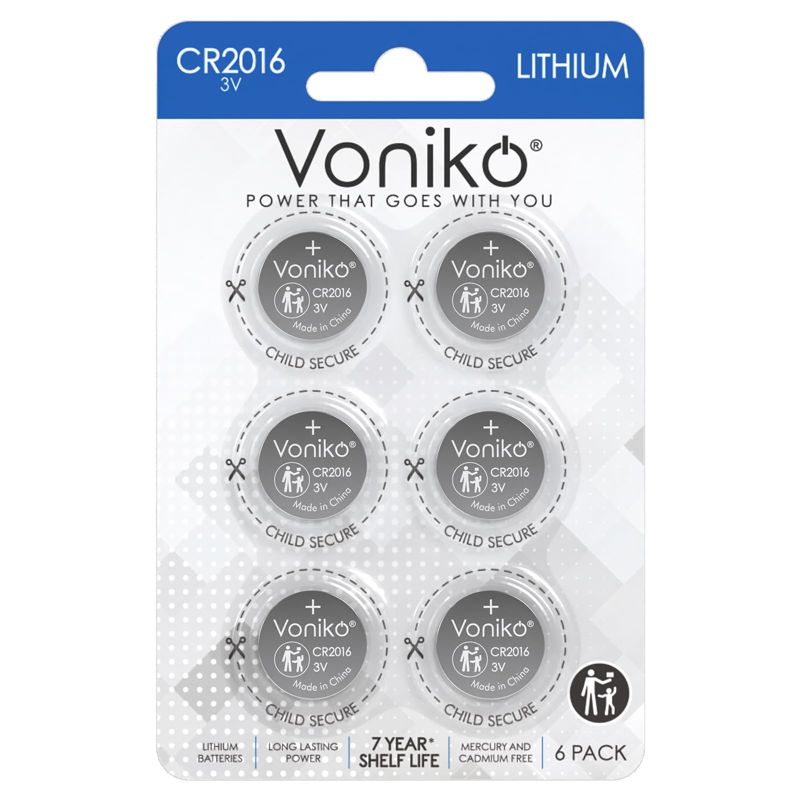 Voniko 3 Volt 2016 Battery 6 Pack â Button Cell 2016 Batteries â Lithium CR2016 3 Volt Coin Battery â Child-Protection Packaging, 7 Years Shelf Life