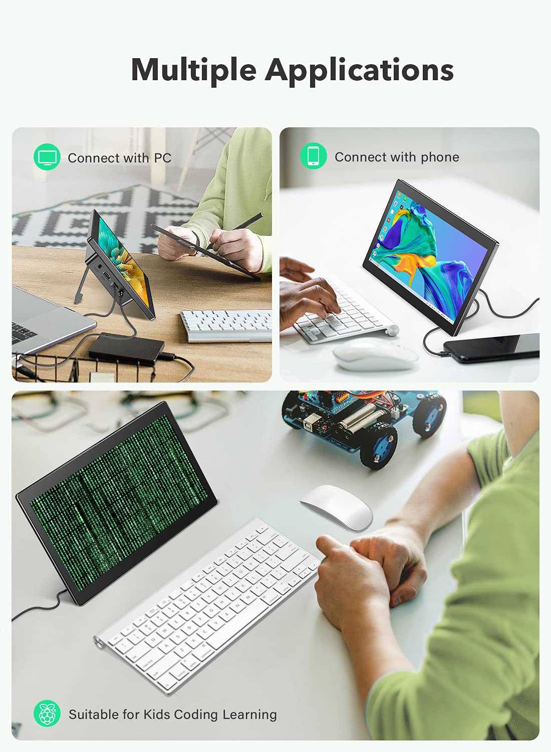 UPERFECT Raspi Touchscreen Monitor with Case & Fan & Stand 10.1’’ 1366 * 768 Ultra Wide 370Nits IPS Screen for Raspi 3/4/4b/5, w/10-Point Touch, VESA, Dual Speakers, Type-C & HDMI Ports