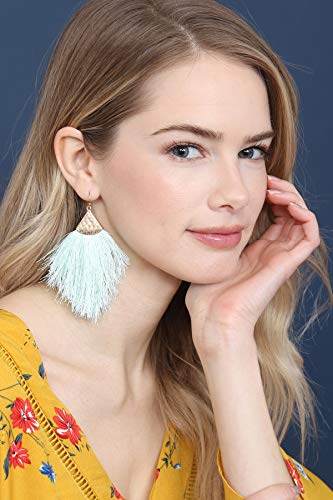Bohemian Silky Thread Fan Fringe Tassel Statement Earrings - Lightweight Strand Feather Shape Dangles (Feather Fringe - Mint)