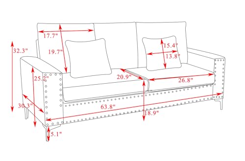 Velvet Small Loveseat Sofa Modern Sectional Couch with Square Armrest Rivets 2 Pillows for Living Room Black