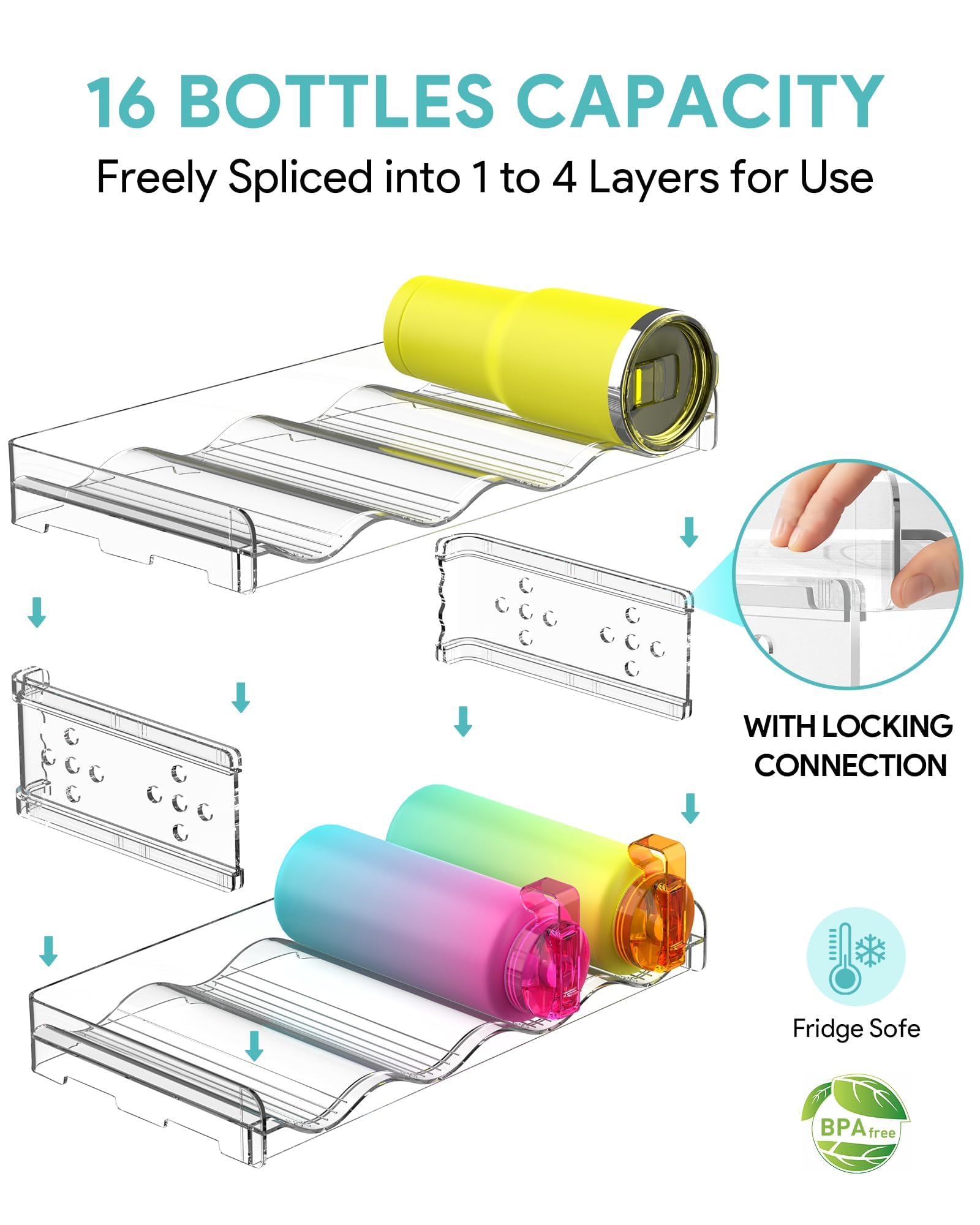 4 Tier Water Bottle Organizer - 16 Bottles, Stackable Cup Organizer for Cabinet, Countertop, Pantry & Fridge, Free-Standing Kitchen Tumbler Storage Holder for Wine and Drink Bottles, Clear Plastic