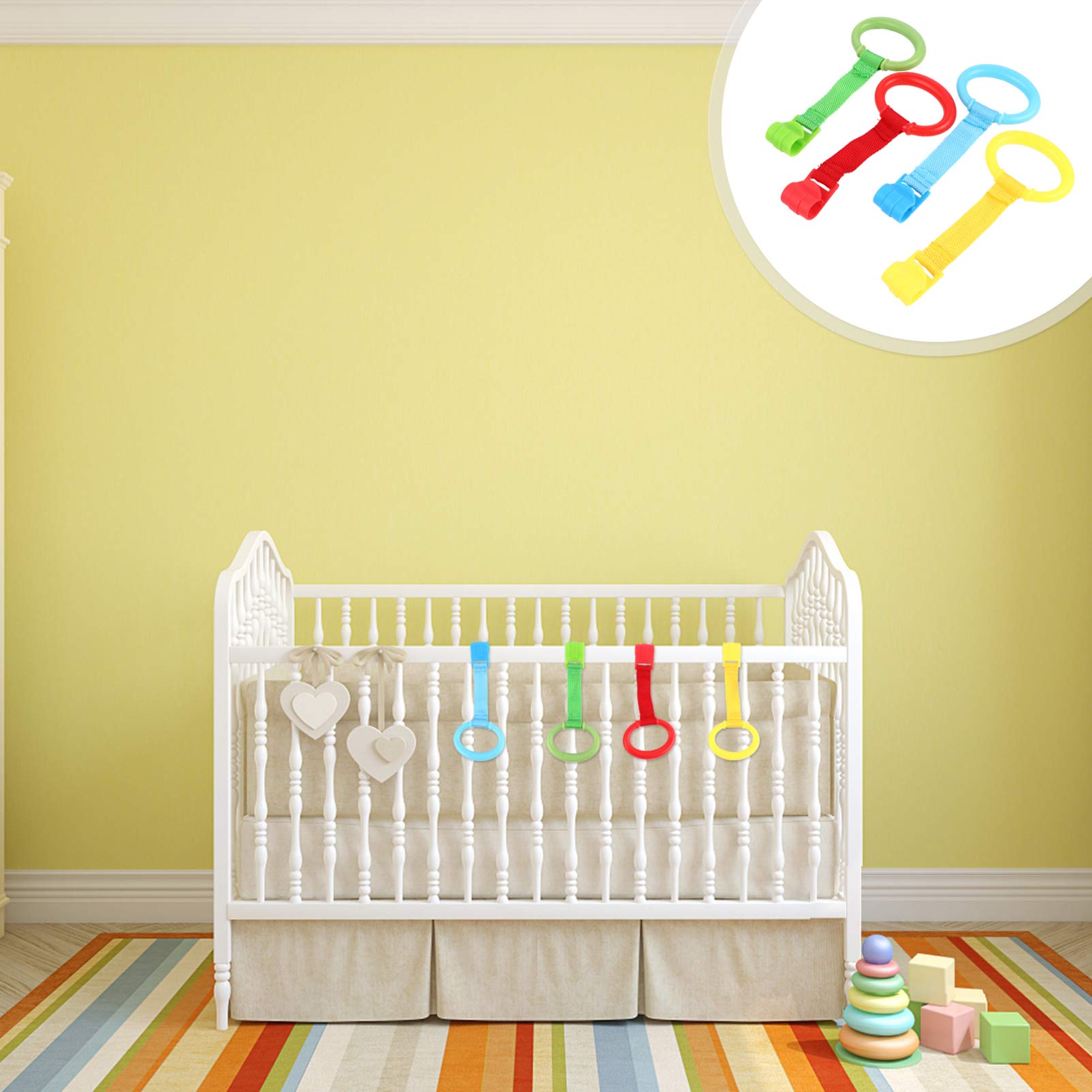 Kisangel 4pcs Baby Play Gym Baby Crib Pull Ring Baby Bed Stand Up Rings Nursery Baby Cot Rings Toddler Activity Kids Walking Training Tool