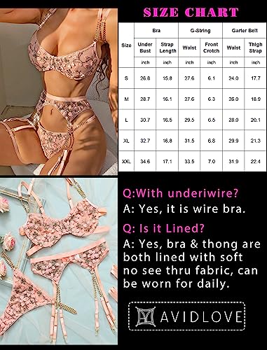 Avidlove Lingerie Set for Women Sexy 4 Piece Garter Lingerie Lace Underwire (Pink, M)