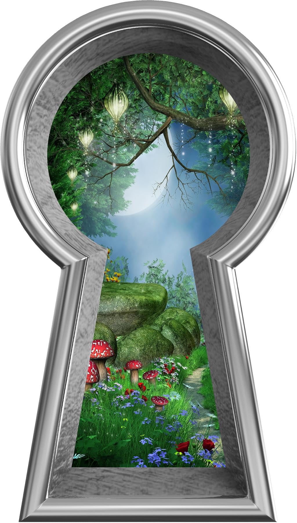 Silver Keyhole Window Wall Decal Enchanted Lantern Forest Wonderland Kids Room Decor Fantasy Mushroom Fairy Tale Removable Vinyl Wall Sticker 16 inch