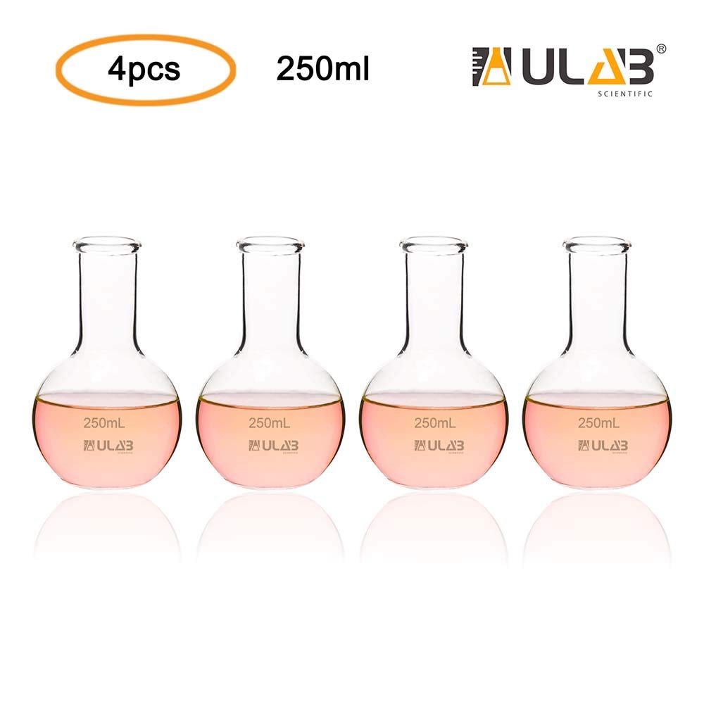ULAB Boiling Flask of Flat Bottom Set, 4pcs of Vol.250ml, Borosilicate 3.3 Glass Material, UBF1009