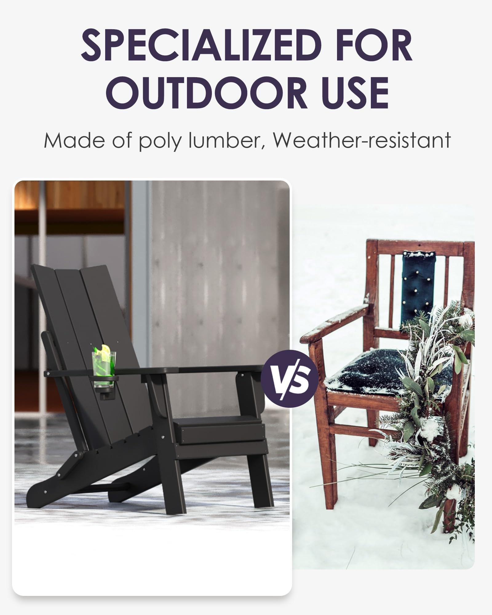 Adiromoti Folding Adirondack Chairs Set of 2, All-Weather Resistant HDPE Patio Firepit Chairs, Sturdy Outside Chairs with Cup Holder, Pre-Installed Lawn Chairs Load Capacity 385lb, Weathered Wood