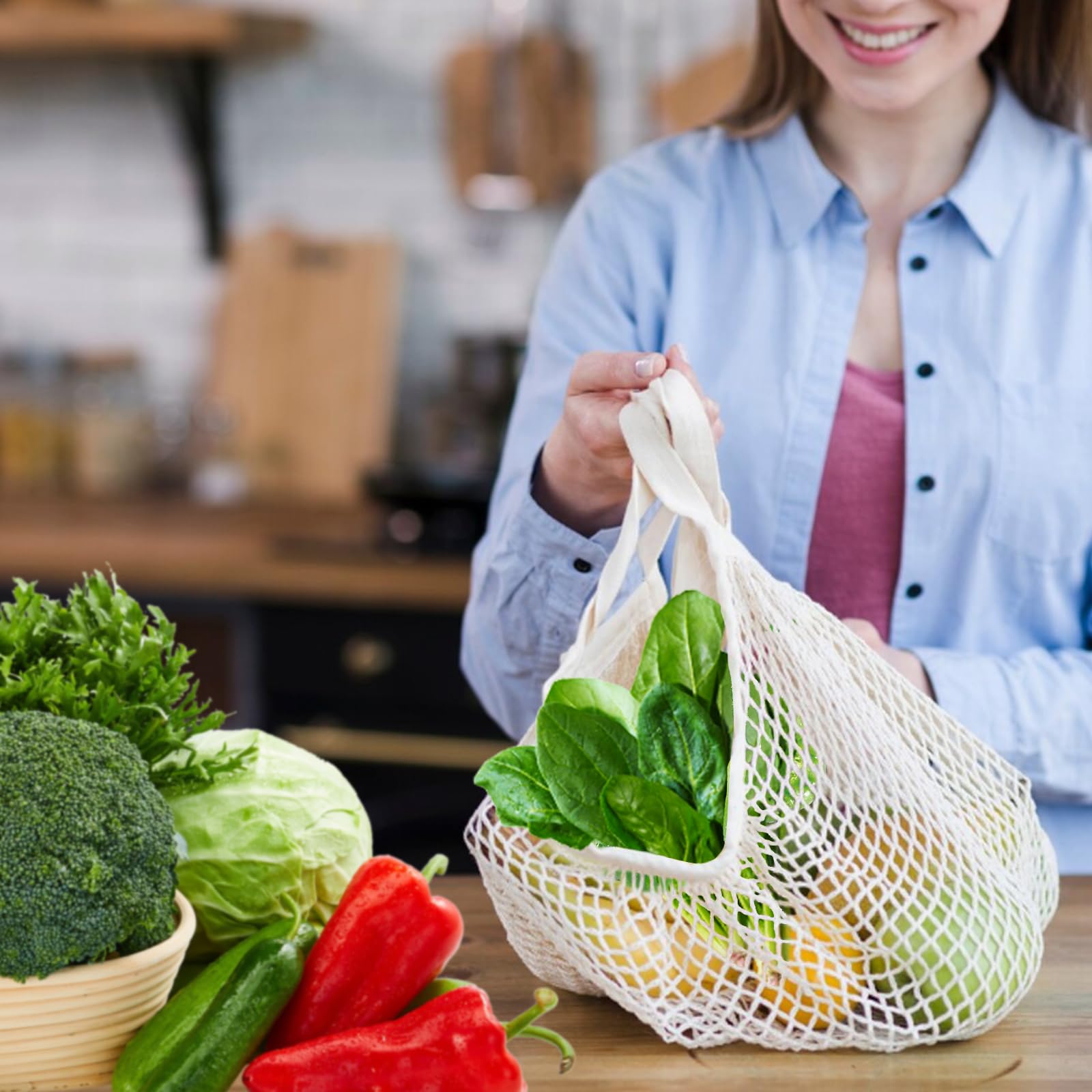 Mordx 2 Pack Premium Mesh Grocery Bags,100% Cotton String Mesh Bags,Long Handle Net Tote Bags,Reusable Produce Bags,Washable,Portable,Fruit and Vegetable Storage Bags,Beige