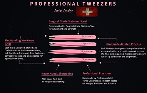 Ruvanti Tweezers 4 Pieces Set for Men/Women - Best for Plucking Eyebrow Facial & Ingrown Hairs, Slant Tip Pointed Straight & Precise - Pink