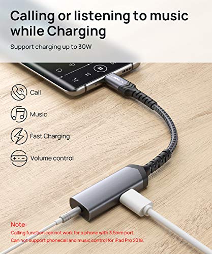 JSAUX USB C to 3.5mm Headphone and Charger Adapter, 2-in-1 USB C to AUX Mic Jack with PD 60W Fast Charging for Stereo, Earphones,Compatible with Galaxy S20/S21/S22 Note 20/10, Pixel 2/3/4 XL,-Grey