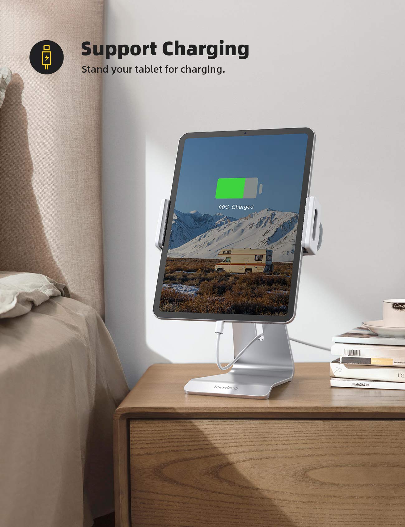 Lamicall Tablet Stand, Adjustable Tablet Holder Dock - 360 Degree Rotating Tablet Mount, Desktop Tablet Dock, Compatible with iPad Pro, Mini, Air, Galaxy Tabs, Kindle and 5.5-8.6" Wide Tablet - Silver