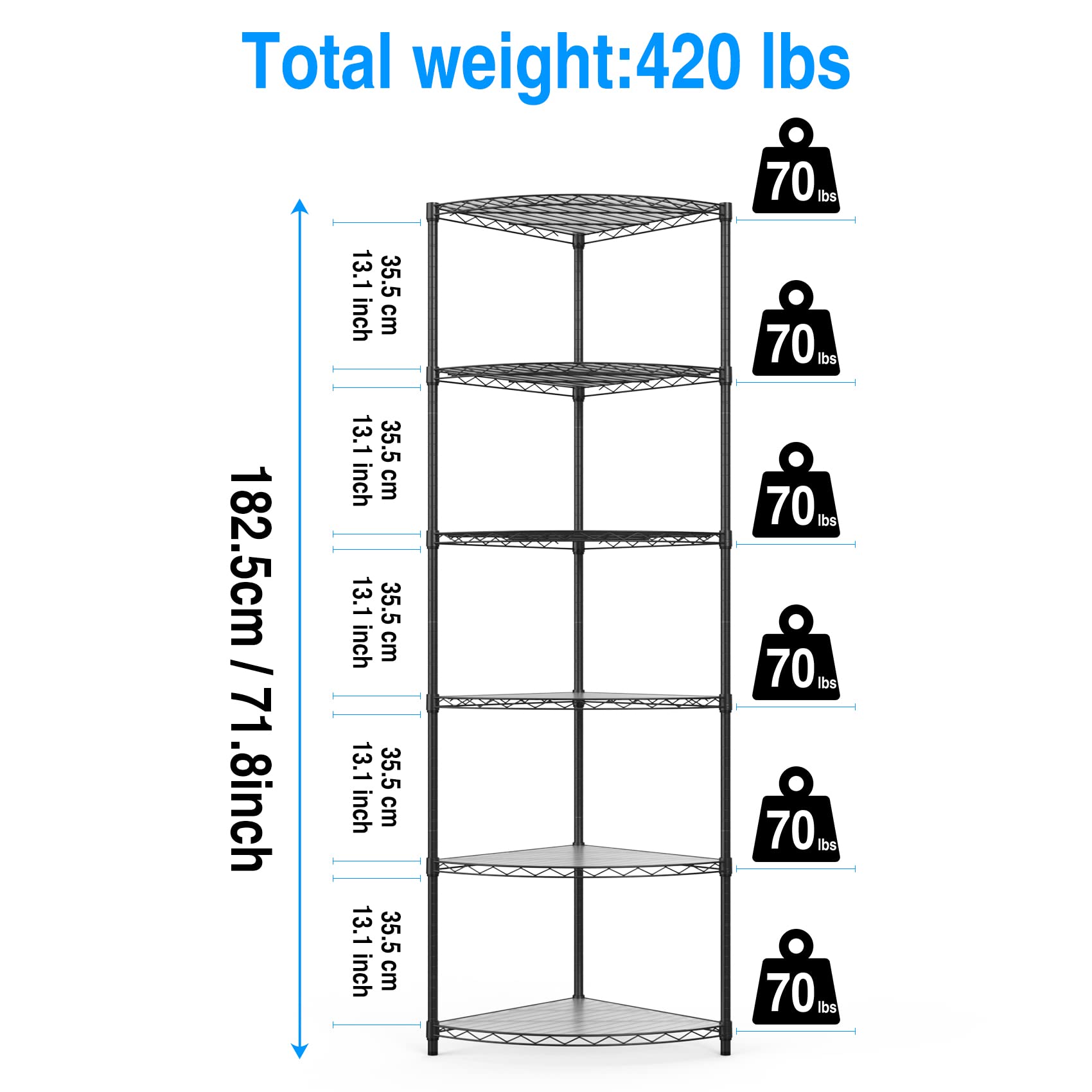 Adjustable 6-Tier Corner Wire Shelving Unit with Waterproof Liners, Heavy Duty 420 lbs Total Capacity - Ideal for Kitchen, Garage, and Office Storage - Rust Resistant and NSF Certified - Black