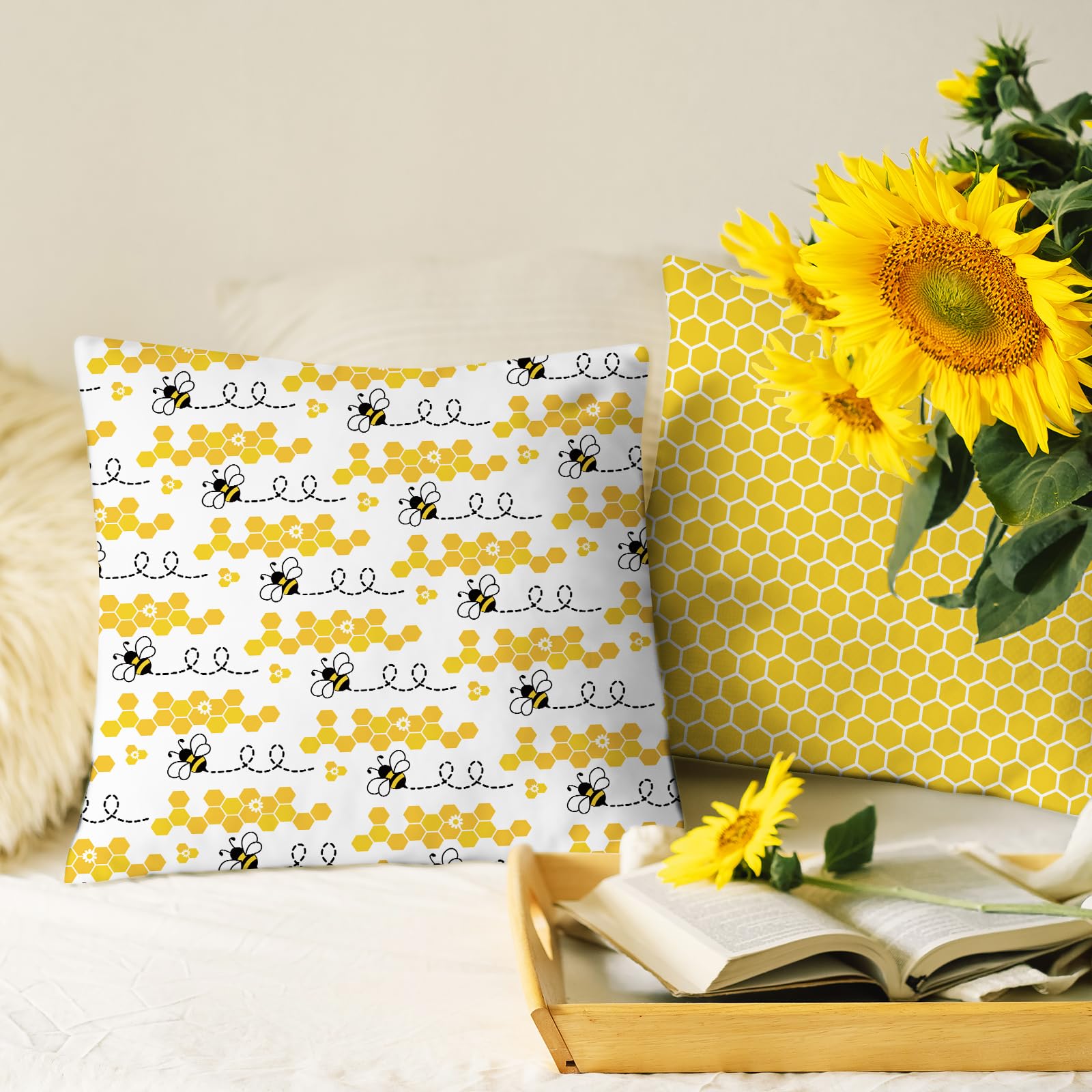 Whaline 6Pcs Summer Cotton Fabric Bundles Bee Daisy Honeycomb Plaid Fat Quarters Bee Theme Quilting Patchwork Squares for DIY Handmade Craft Decor, 18 x 22 Inch