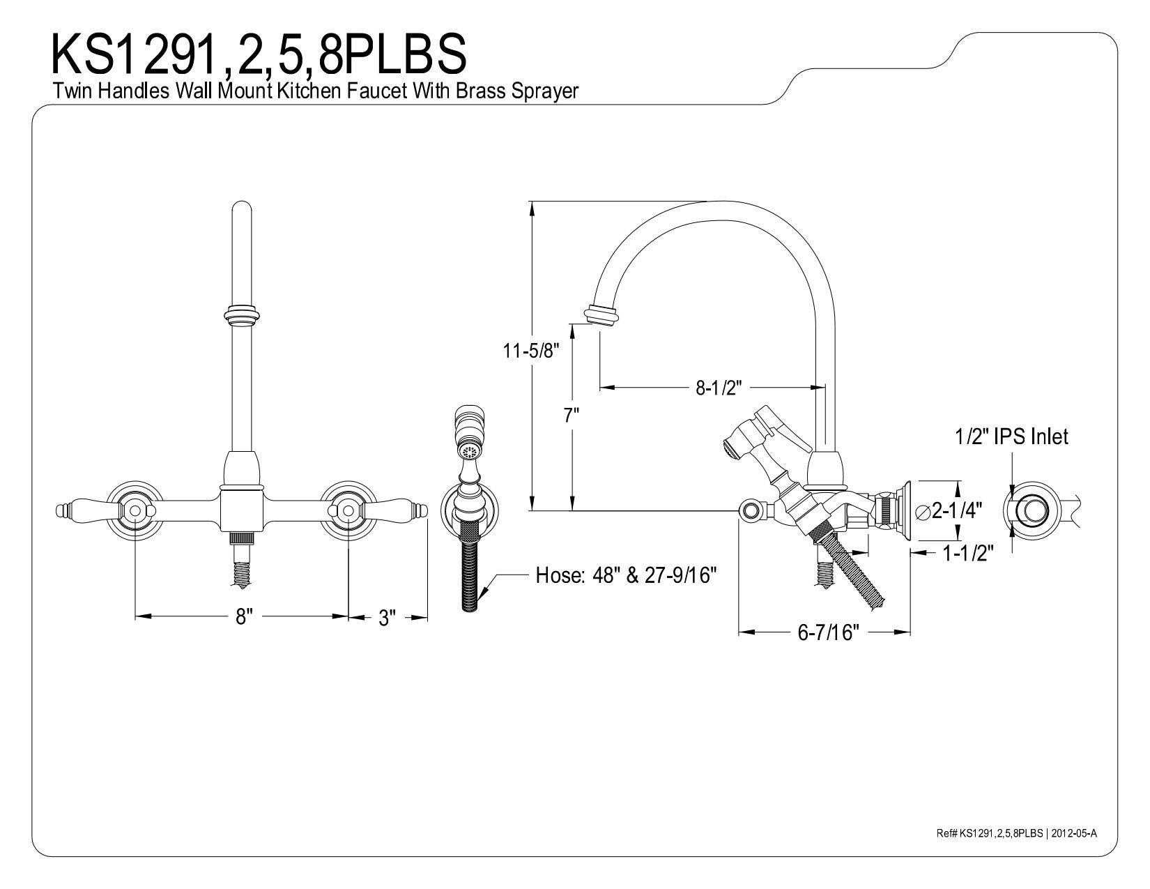 Kingston Brass KS1298PLBS Restoration Wall Mount Bridge Kitchen Faucet with Brass Sprayer, Brushed Nickel