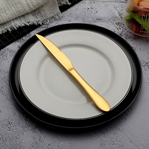 HOMQUEN Gold Steak Knife Set, Stainless Steel and Durable Comfortable Grip Handle, Mirror Polish and Gold Titanium Plated, for Pizza or Steak (Gold, Set of 6)