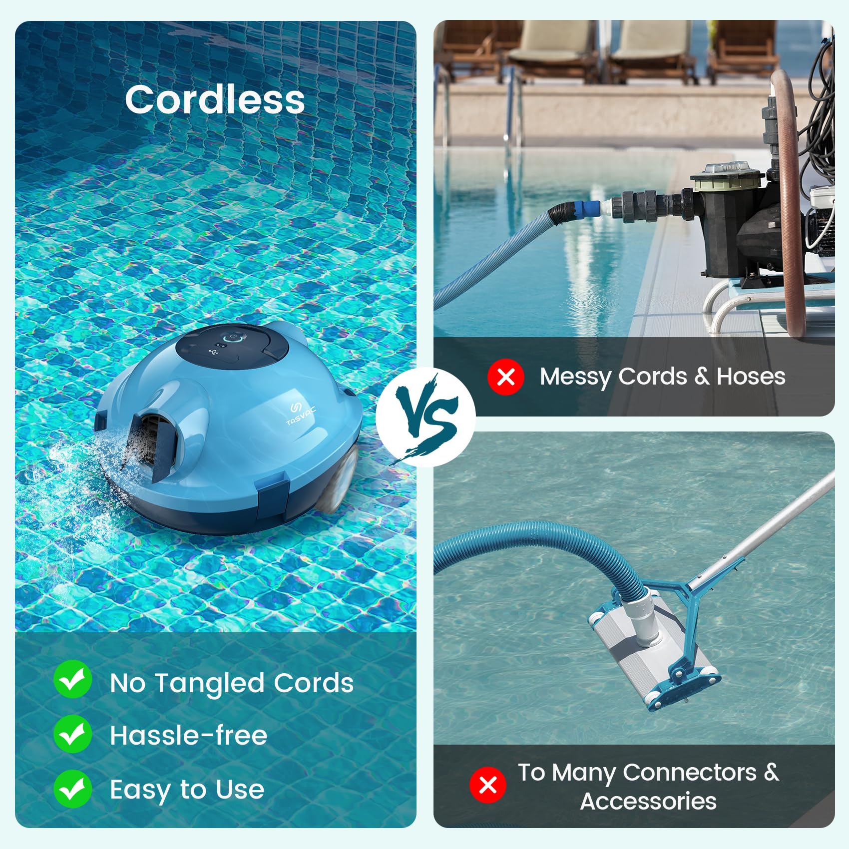 𝟮𝟬𝟮𝟯 𝙐𝙥𝙜𝙧𝙖𝙙𝙚 TASVAC Cordless Robotic Pool Cleaner, Automatic Pool Vacuum, 90 Mins Runtime, Powerful, Self-Parking, Lightweight, Ideal for Flat Above/In-Ground Pool up to 65 Feet/1100 Sq.Ft