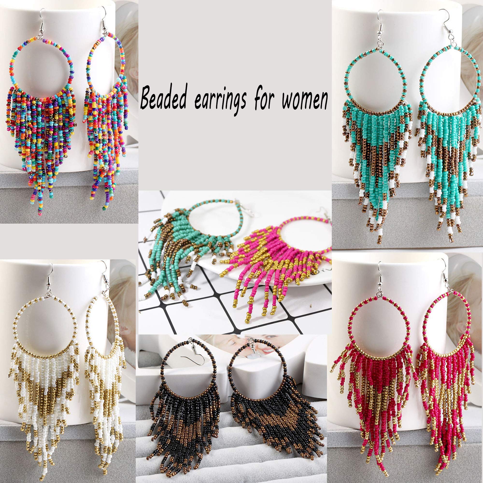 4-6 Pairs Long Beaded Tassel Dangle Earrings Handmade Bohemian Multicolor Statement Seed Beads Drop Earrings for Women (A)
