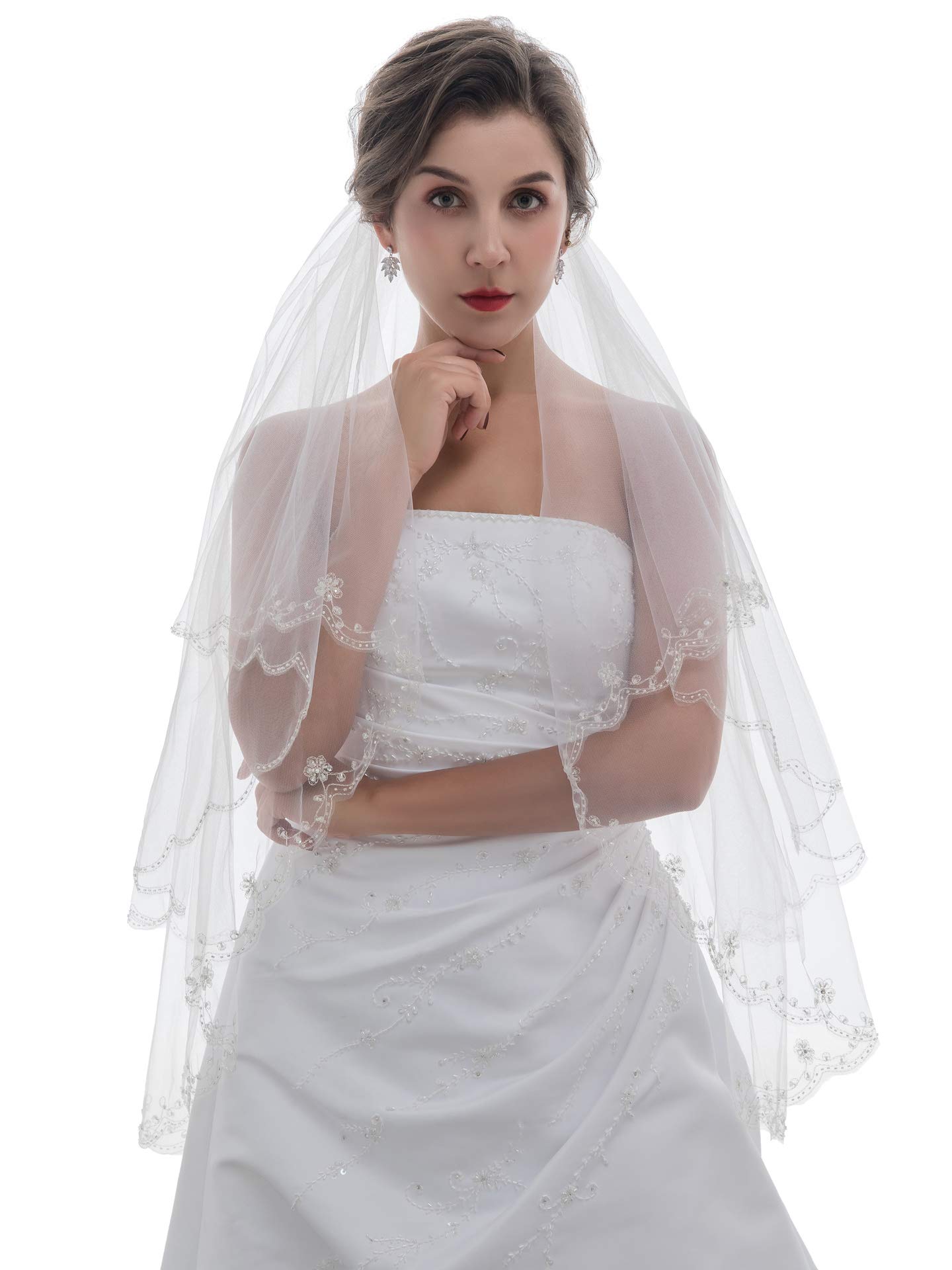 2T 2 Tier Silver Threaded Beaded Wedding Veil V426 - Light Ivory Fingertip Length 36"