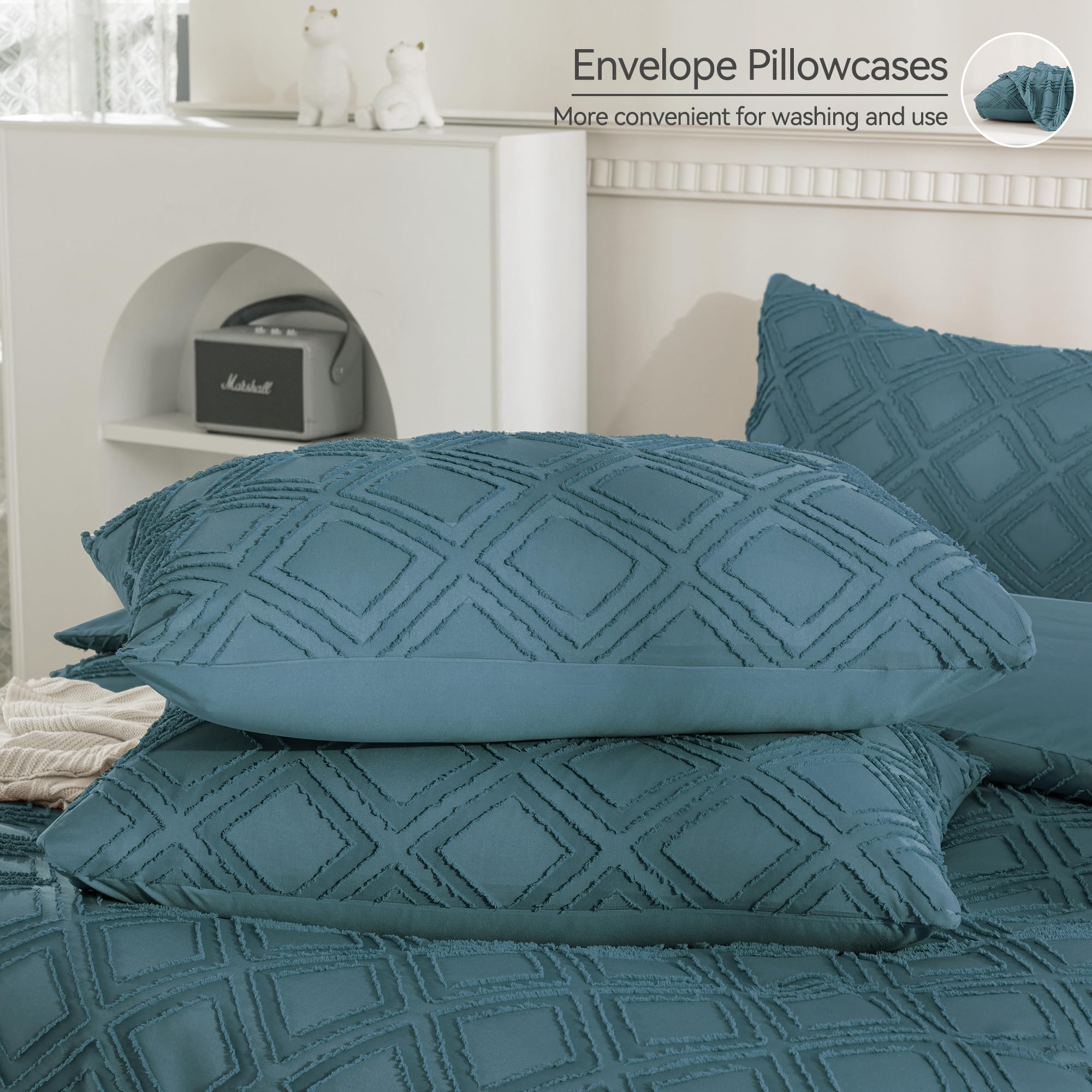 JELLYMONI Grayish Blue Duvet Cover Twin Size - 3 PCS Microfiber Tufted Duvet Cover Set, Boho Textured Duvet Cover Jacquard Rhombus Geometric Pattern Duvet Cover with Corner Ties & Zipper Closure