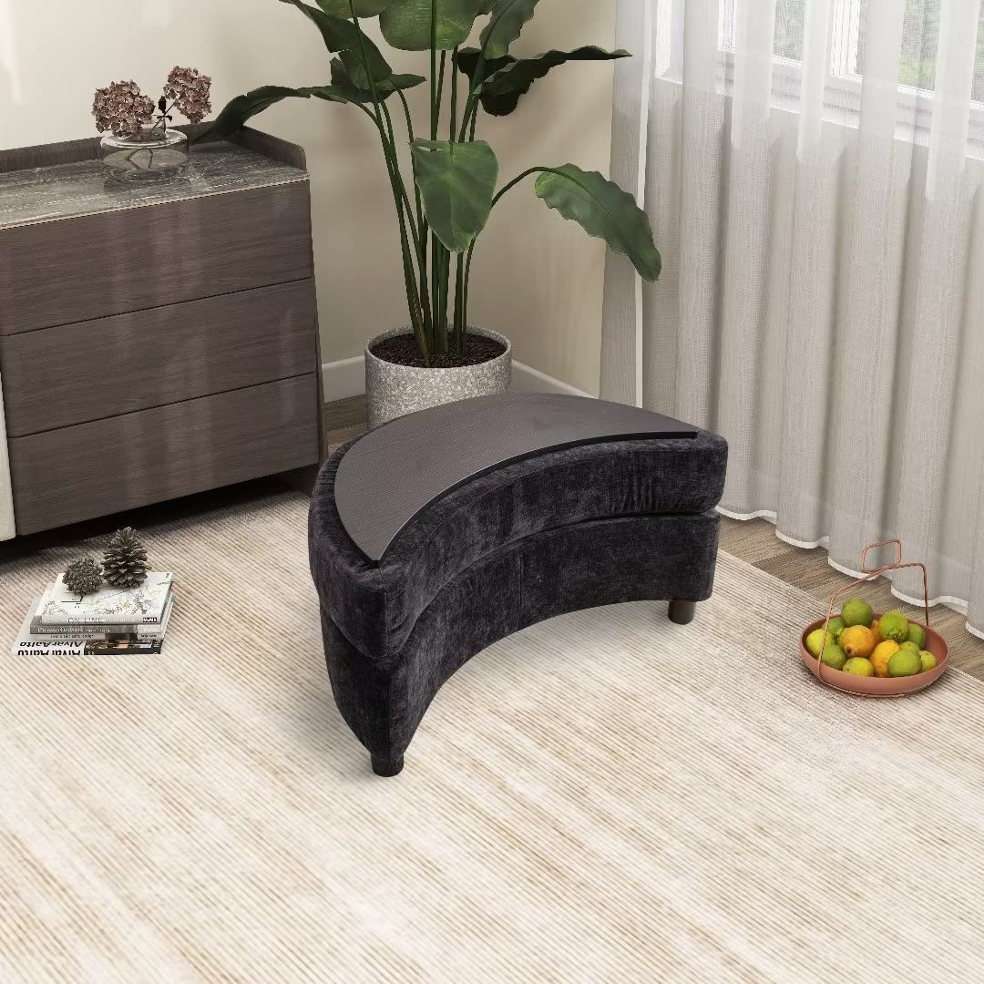 32.7" Half Crescent Moon Storage Bench, Chenille Upholstered Large Ottoman with Tray & Padded Seat, Side Table Dressing Shoe Bench Foot Rest for Living Room, Bedroom, Entryway, Hallway, Black