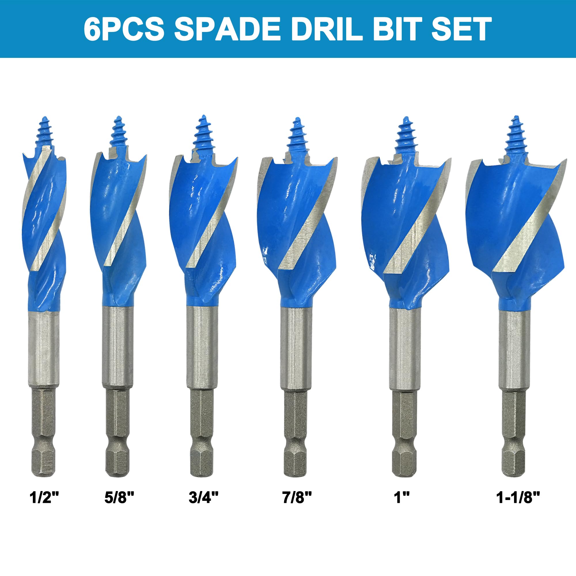 GMTOOLS Auger Drill Bit Set for Wood, 1/2", 5/8", 3/4", 7/8", 1" and 1-1/8" Inch Size, 6-Piece Impact Wood Drill Bit with Hex Shank Quick Change for Hardwood and Softwood, Plastic, etc
