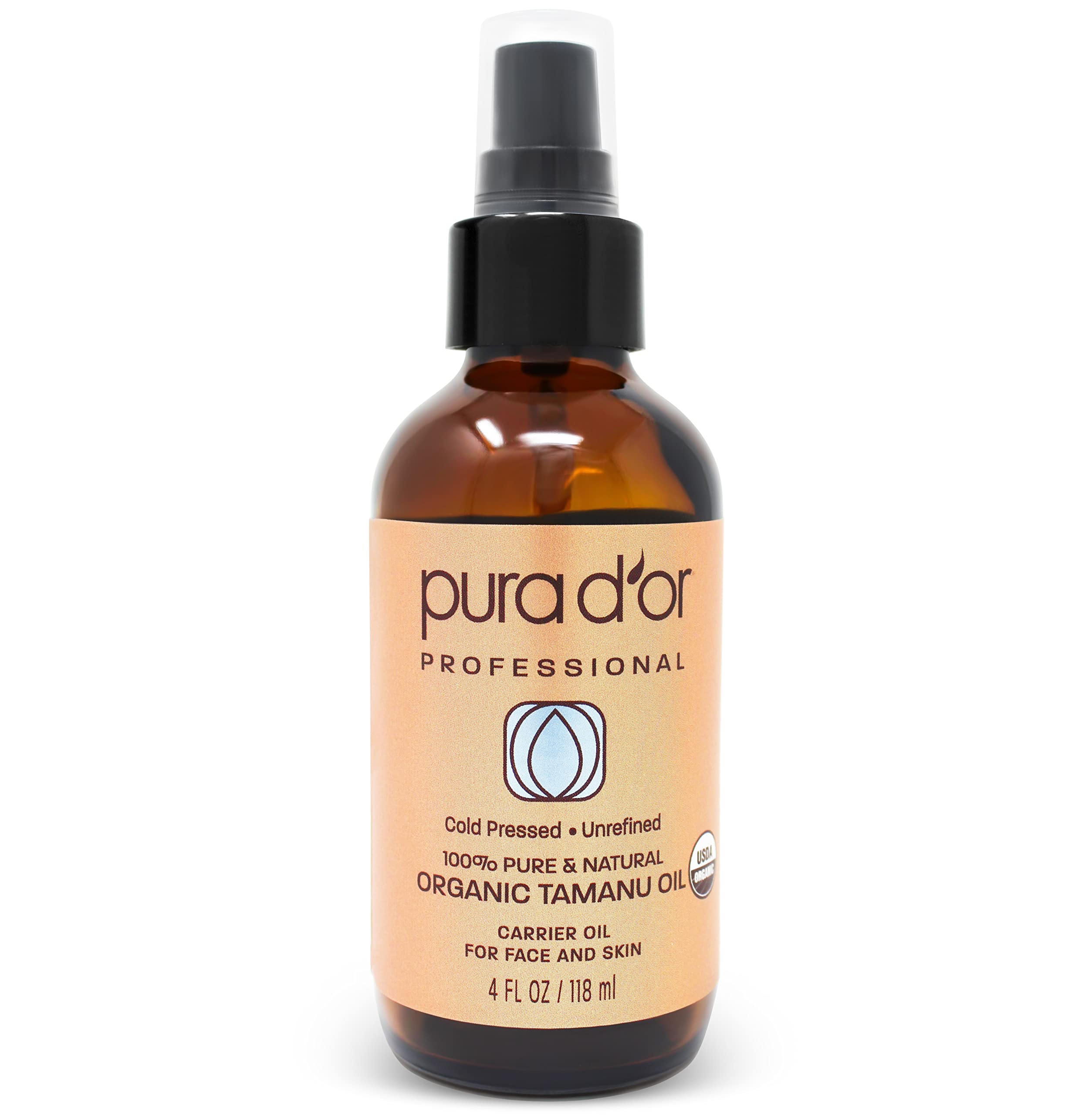 PURA D'OR 4 Oz Organic Tamanu Oil - USDA Certified 100% Pure & Natural Cold Pressed Carrier Oil, Premium Grade Moisturizer Helps Reduce Appearance of Scars & Wrinkles - For Skin & Hair - Men & Women