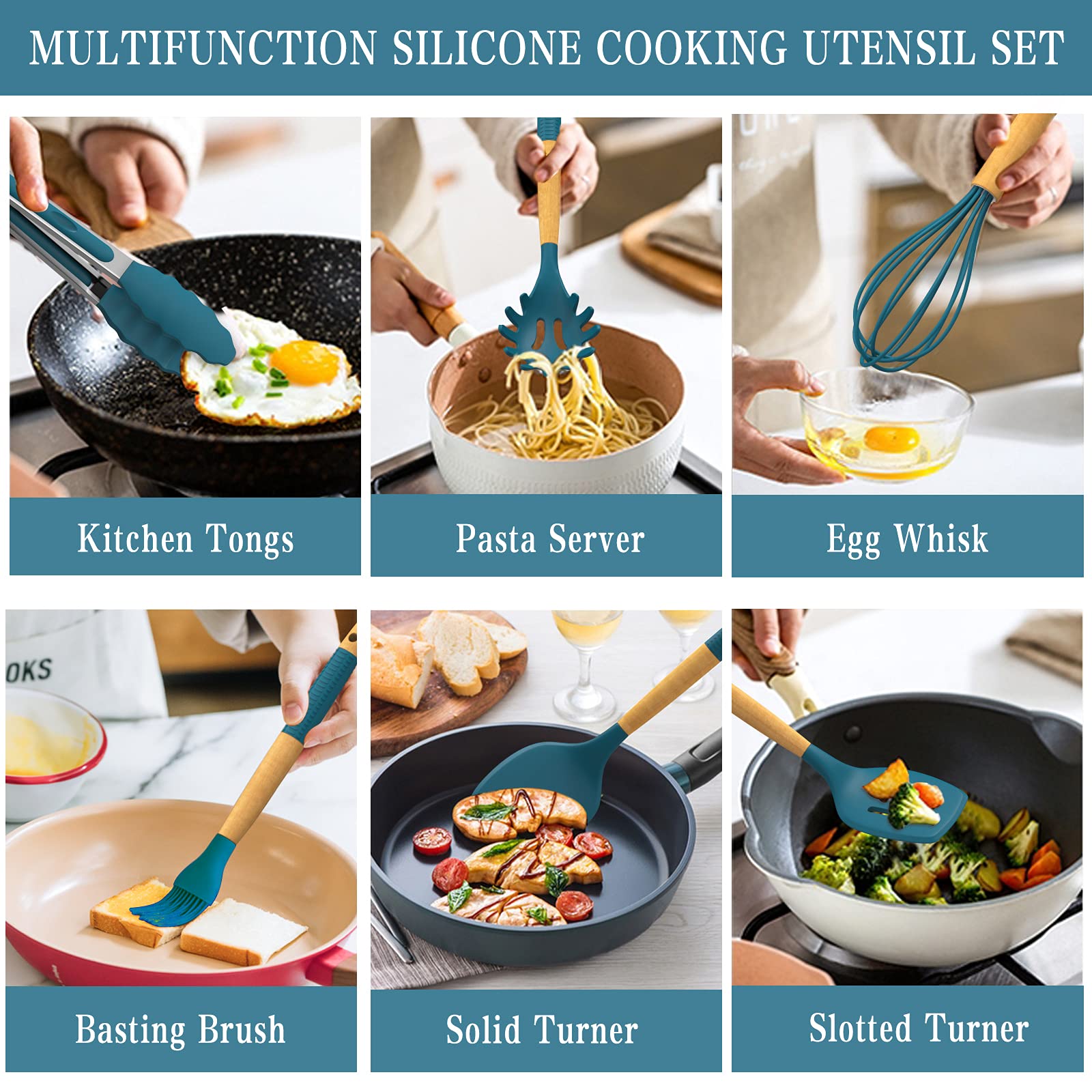 33 PCS Silicone Kitchen Utensils Set, Umite Chef Heat Resistant Cooking Utensils Set With Holder, Wooden Handle Kitchen Gadgets Tools Spatula Set for Nonstick Cookware(BPA Free & Khaki)