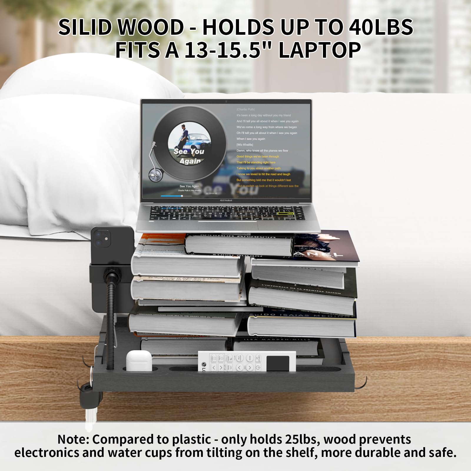 GRDNON Bedside Shelf with Phone Holder for Bed, Bamboo Bed Shelf Organizer for Top Bunk, Clip on Nightstand for College Dorm Loft Bed, Bedside Shelf Tray for Kids, Built Earphones & Tablet Slot