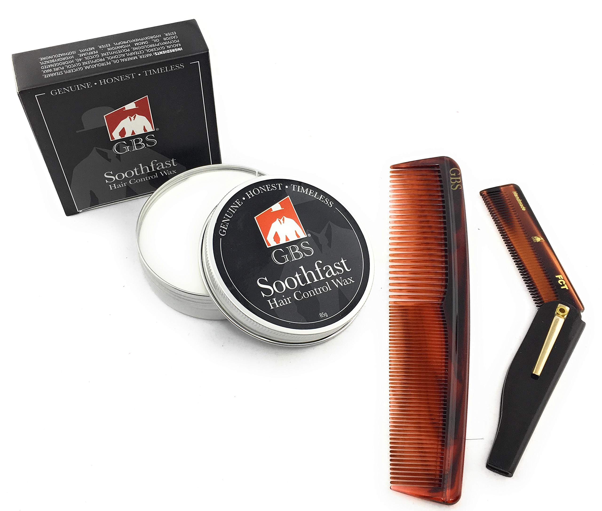 G.B.S Men's All-Natural Hair & Mustache Styling Wax Clay (3oz), Folding Comb & 7in Dressing Comb Bundle