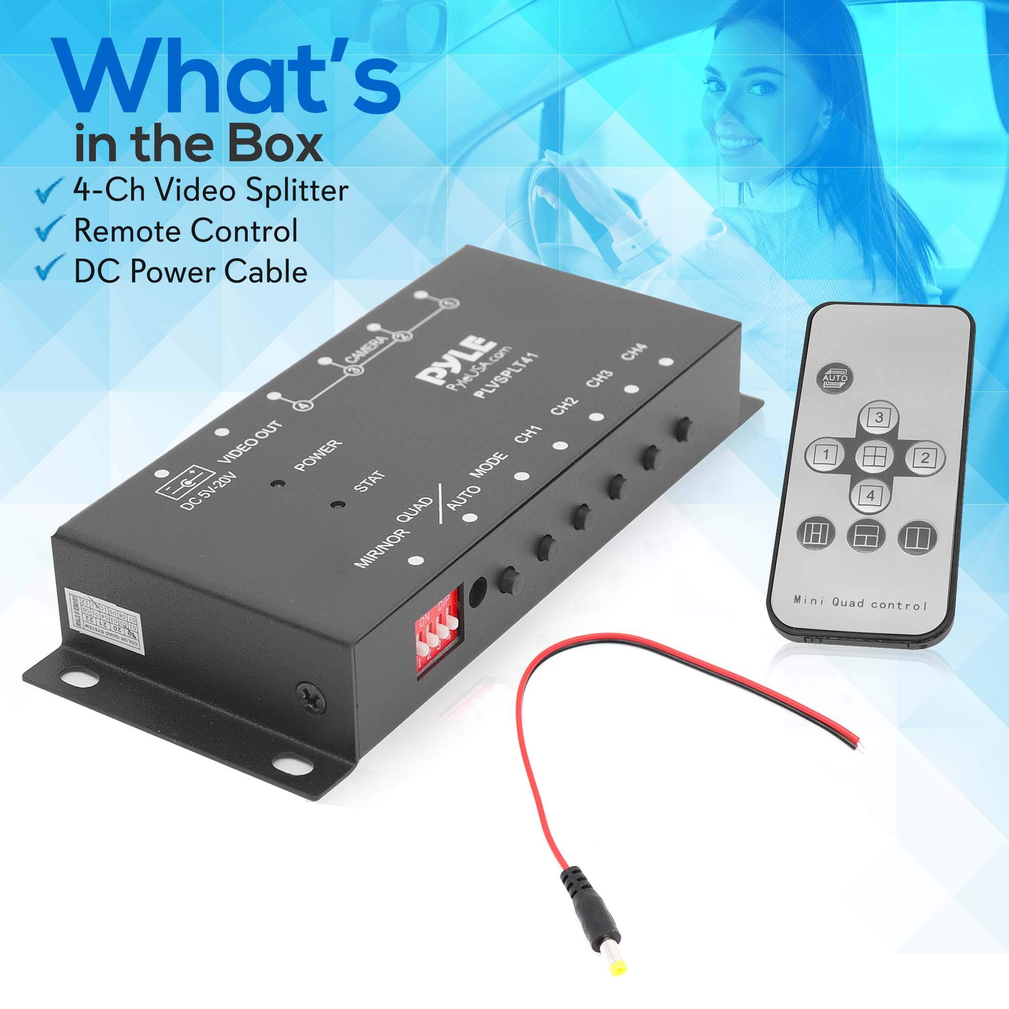 4-Channel Car Video Splitter Controller - Digital Picture Video Signal Switcher with Quad Selectable for Backup Camera Video Monitor Systems CCTV Camera, PAL/NTSC Auto Adapting - Pyle PLVSPLT41