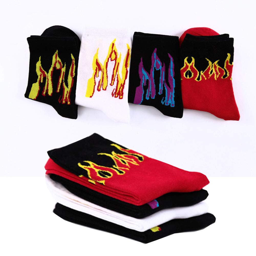 4 Packs Unisex Flame Printed Socks Fashion Hip Hop Skateboard Socks Soft-Breathable Cotton Athletic Sports Socks, Black, Medium