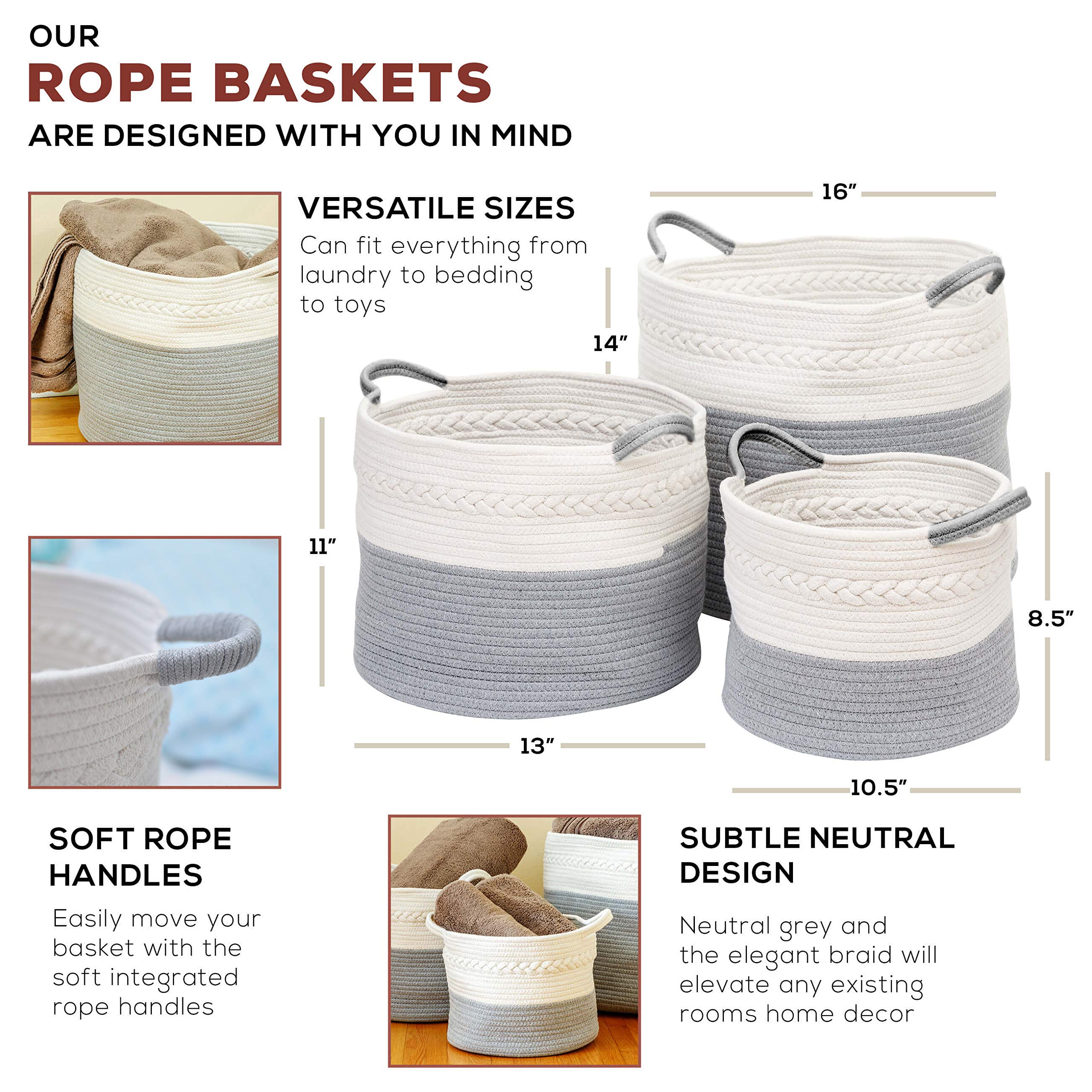 3 Pack Woven Rope Basket Set - Small Medium & Large Organic Woven White & Gray Cotton Rope Baskets, Durable Materials with Soft Rope Handles. Great for Laundry, Toys, Towels, Bedding & Nurseries