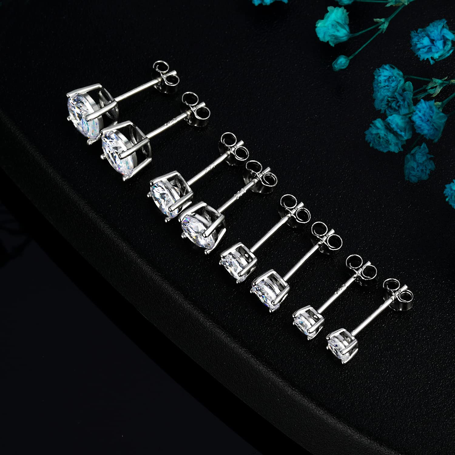 4 Pairs 925 Sterling Silver Round Stud Earring Set, 18K White Gold Plated Round Cut Clear Cubic Zirconia Hypoallergenic Earrings Pack for Women and Men