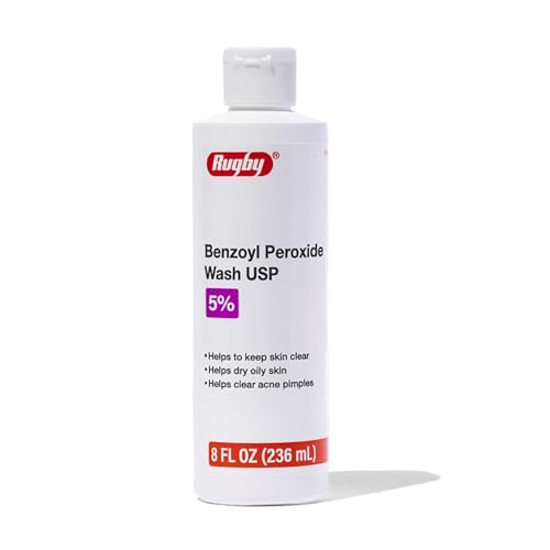 Rugby Benzoyl Peroxide Wash USP 5% - Helps to Clear Acne Pimples and Dry Oily Skin - Acne Medication - 8 Fl. Oz.