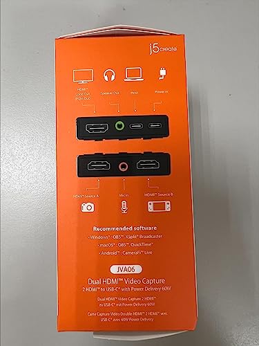 j5create Live Video Capture Card - Dual HDMI to USB-C, Supports 1080p 60Hz Video and Audio Recording, Power Delivery 60W Pass Through, Ideal for PC Xbox Playstation Android Game Live Streaming (JVA06)