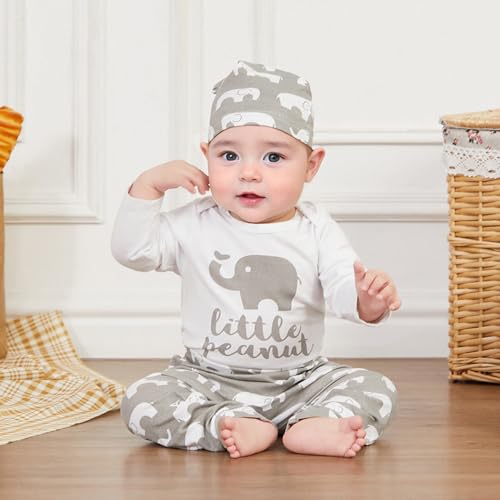 Rarjuiey 3Pcs Newborn Baby Boy Girl Elephant Outfits Long Sleeve Little Peanut Romper Bodysuit+Pants+Hat