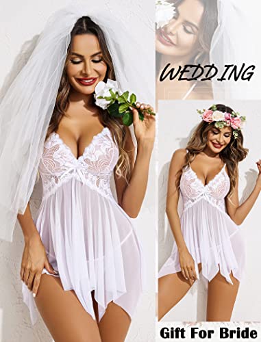 Avidlove Wedding Lingerie for Bride Lace Babydoll Sexy Lace Sleepwear for Women, White, Medium