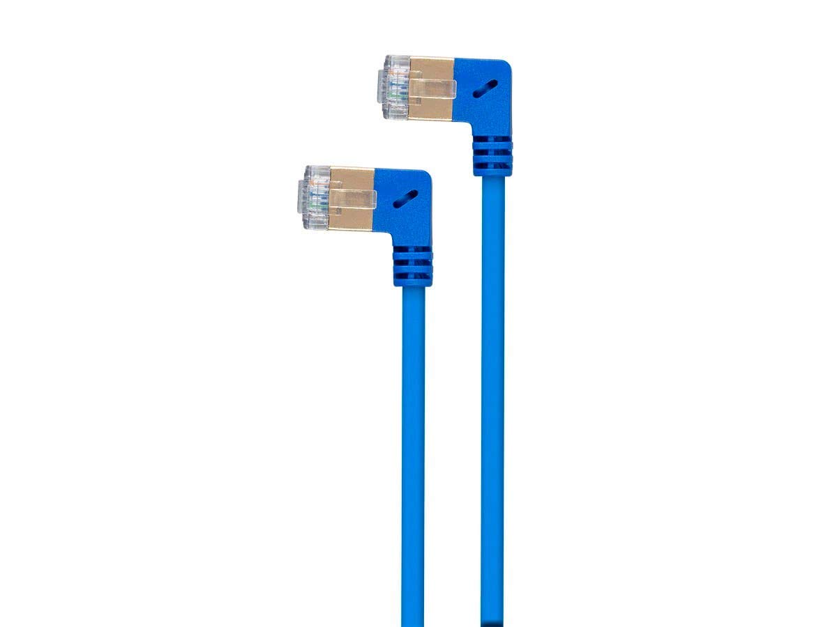 Monoprice Cat6A 3ft Blue 90 Degree Patch Cable Double Shielded (S/FTP) 36AWG 10G CM Pure Bare Copper Snagless RJ45 SlimRun Series Ethernet Cable