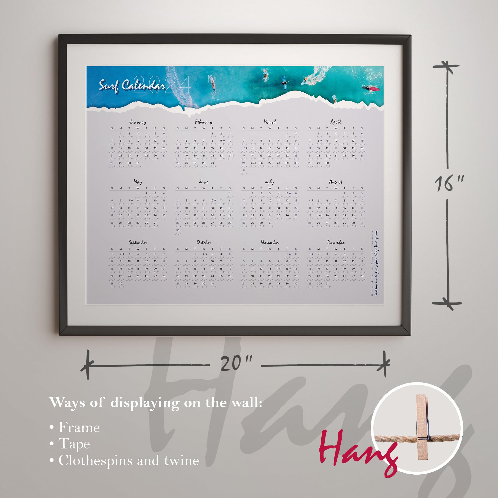 2024 Surf Calendar 20"×16" | Writable Durable Wave Tracker Poster in Kraft Tube