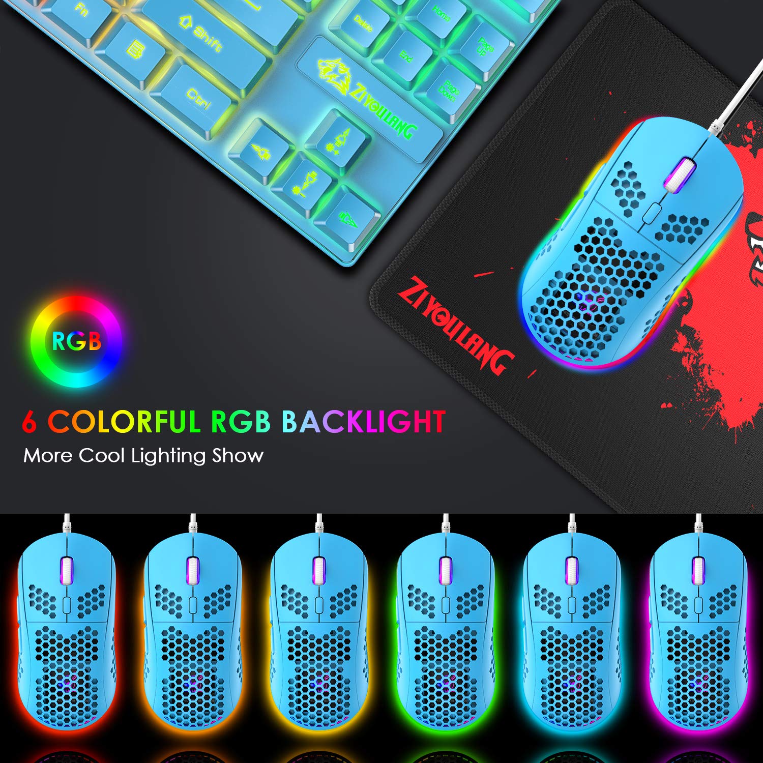 4-in-1 Gaming Keyboard Mouse Combo,88 Keys Compact Rainbow Backlit Mechanical Feel Keyboard,Lightweight Gaming Mouse with Honeycomb Shell,3.5mm Gaming Stereo Headset for PC Laptop Computer