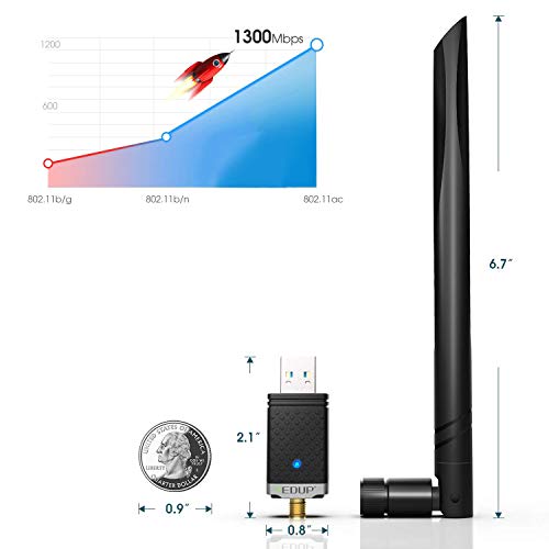 EDUP USB 3.0 Wi-Fi Adapter AC1300Mbps WiFi Dongle 802.11 ac Wireless Network Adapter with Dual Band 2.4GHz/ 5.8GHz 5dBi Antenna for Desktop Windows XP/Vista / 7/8.1/10 / Mac 10. 6-10.15
