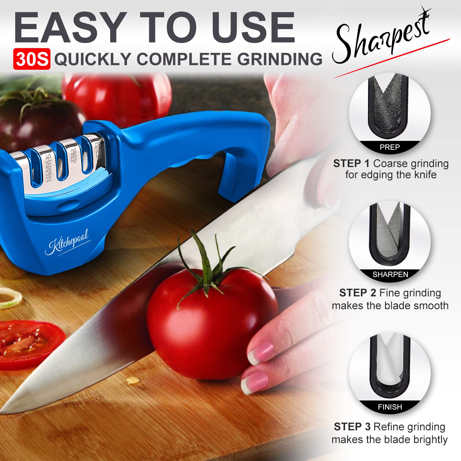 4-in-1 Knife Sharpener Kit with Cut-Resistant Glove, 9-Stage Quality Kitchen Knife Accessories to Repair, Grind, Polish Blade, Professional Knife Sharpening Tool for Kitchen Knives (Blue)
