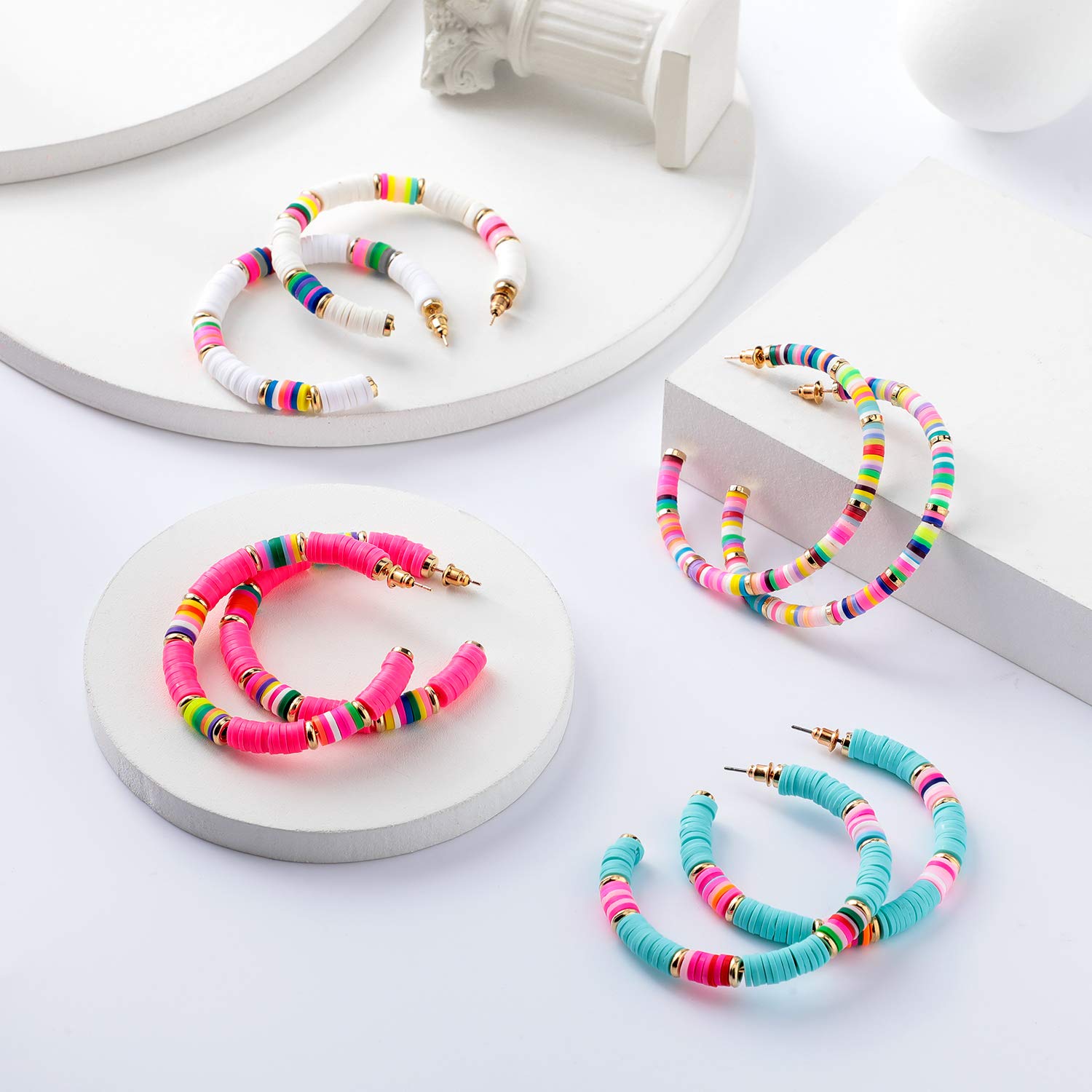 4 Pairs Heishi Hoop Earrings Rainbow African Vinyl Disc Bead Earrings Colorful Heishi Beaded Open Hoop Earring for Women (Fresh Style)